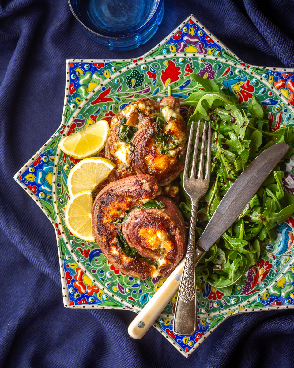 Flank Steak Rolls Stuffed with Arugula, Caramelized Onion, and Feta ...