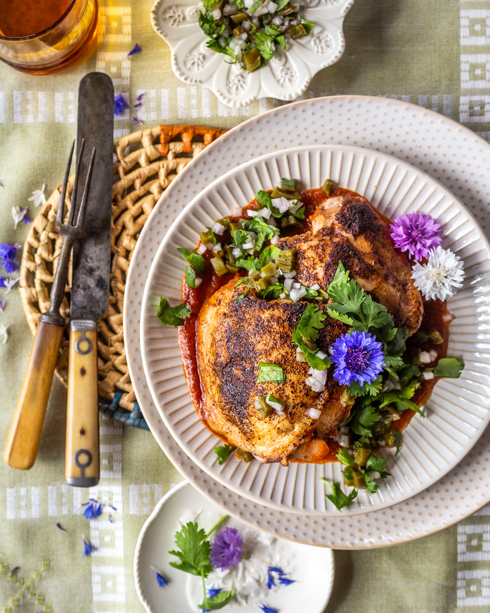 Salsa Braised Chicken Thighs with Pickled Nopales – Primal Wellness