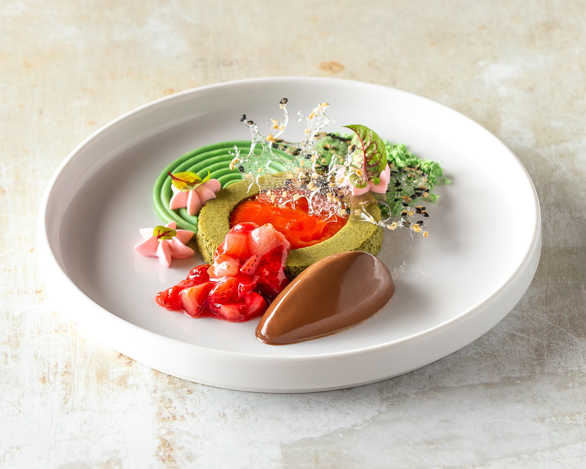 Chocolate Crémeux with Brown Butter Gochujang Caramel, Matcha Sponge ...