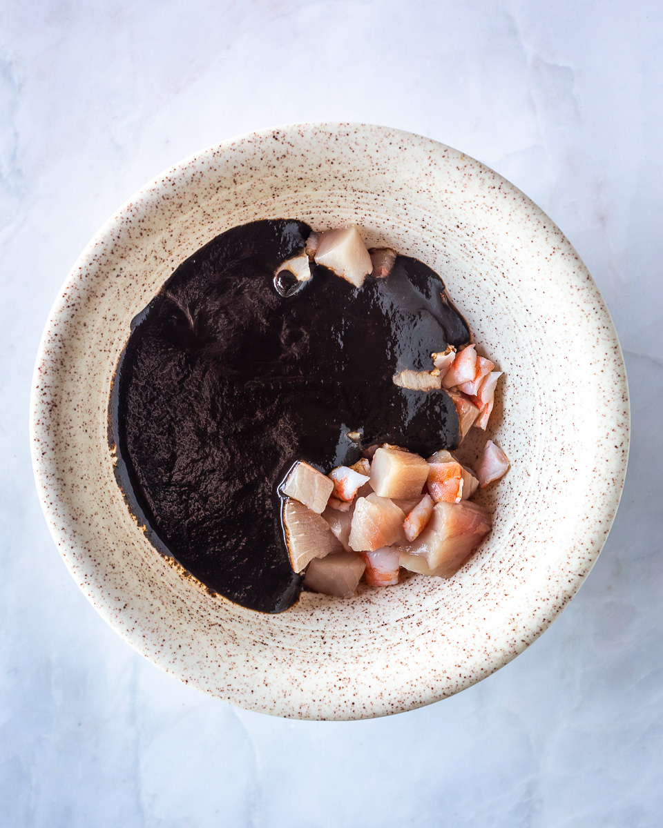 Ceviche Negro with Pineapple Habanero Sauce, Cucumber, Pickled Shallot ...